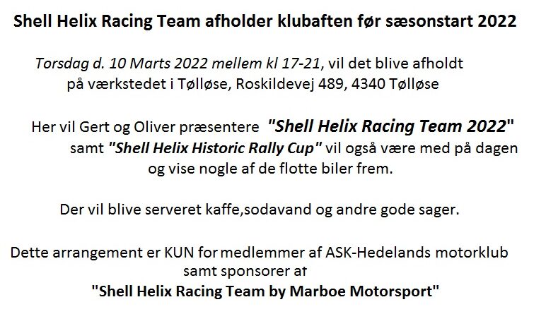 Åbenthus d. 10/3 hos Shell Helix Racing Team – ASK Hedeland
